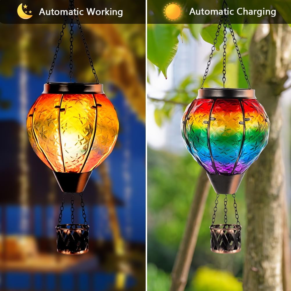 YUYAN-Rainbow Hot Air Balloon Solar Lantern, Metal & Glass Solar ...
