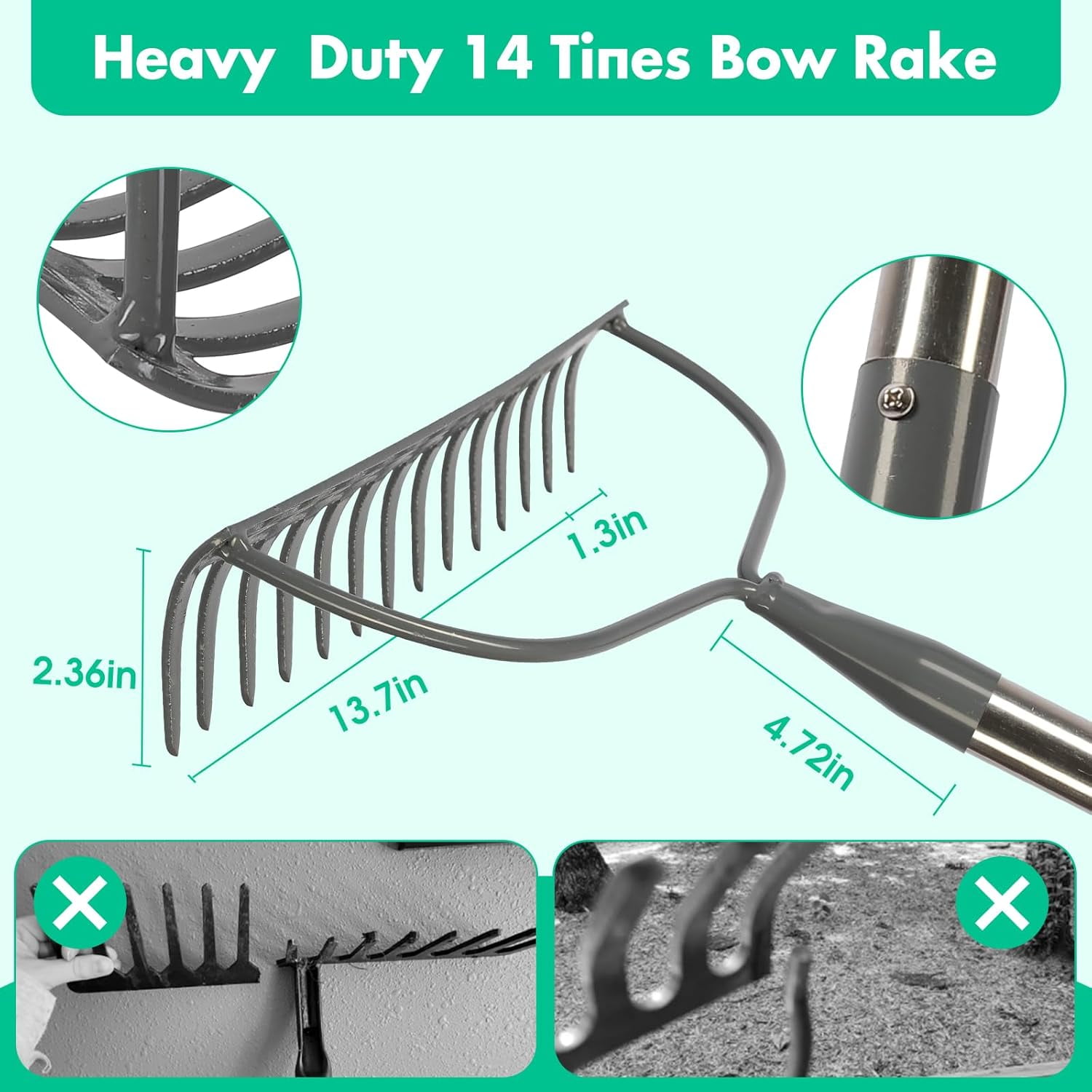 YUYAN-Rake, 72 Inch Garden Bow Rake with 14 Tines, Heavy Duty Stainless ...