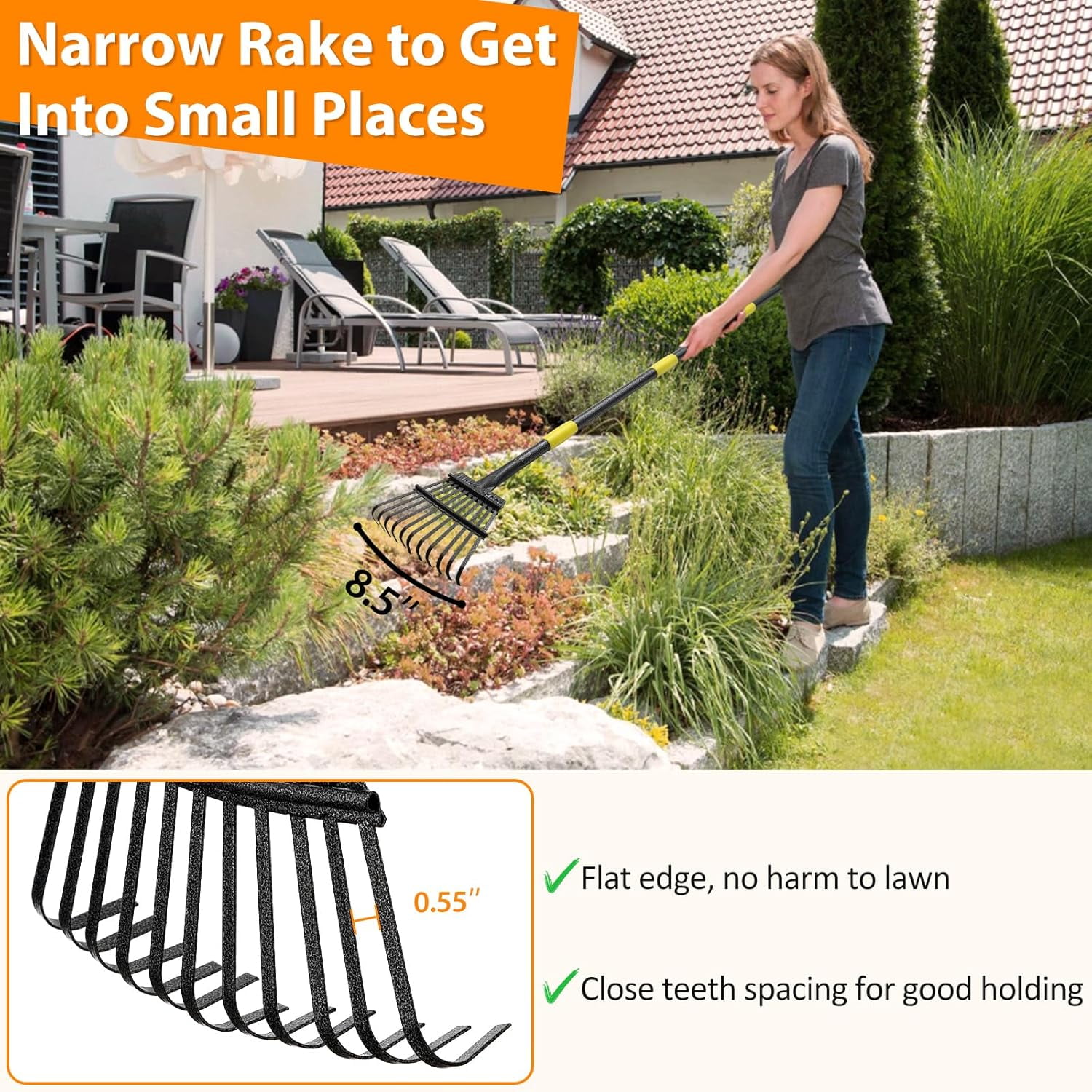 YUYAN-Rake for Leaves - 11 Tines Heavy Duty Metal Small Narrow Leaf ...