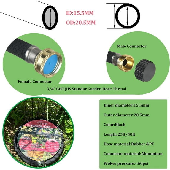 YUYAN-Rubber Soaker Hose, 5/8 inch, 25ft Garden Hose for Irrigation ...