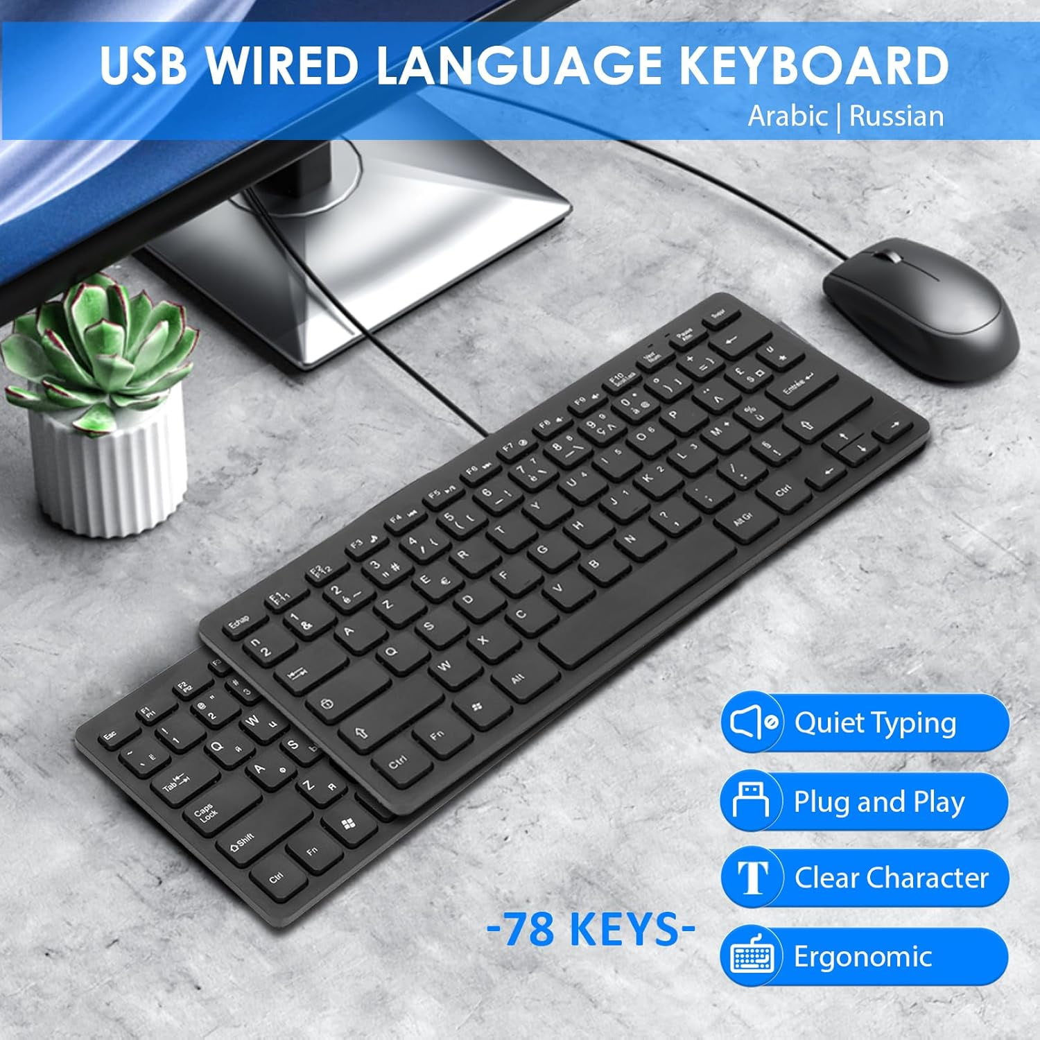 YUYAN-Russian Keyboard, USB Wired Ultra Thin 78 Keys Compact Keyboard ...