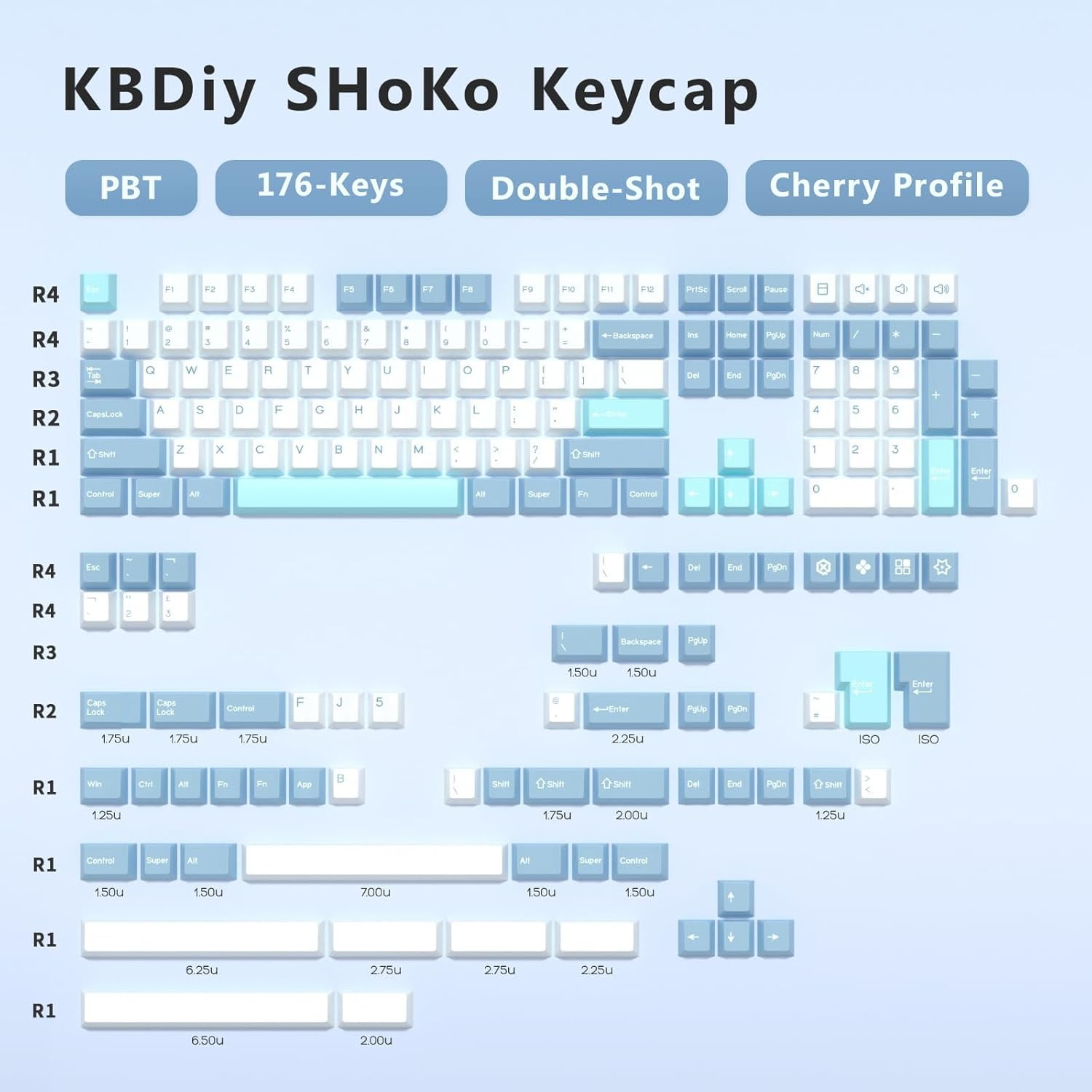 YUYAN-SHOKO PBT Double Shot Keycap Set,176 Keys Blue Cute Custom Key ...
