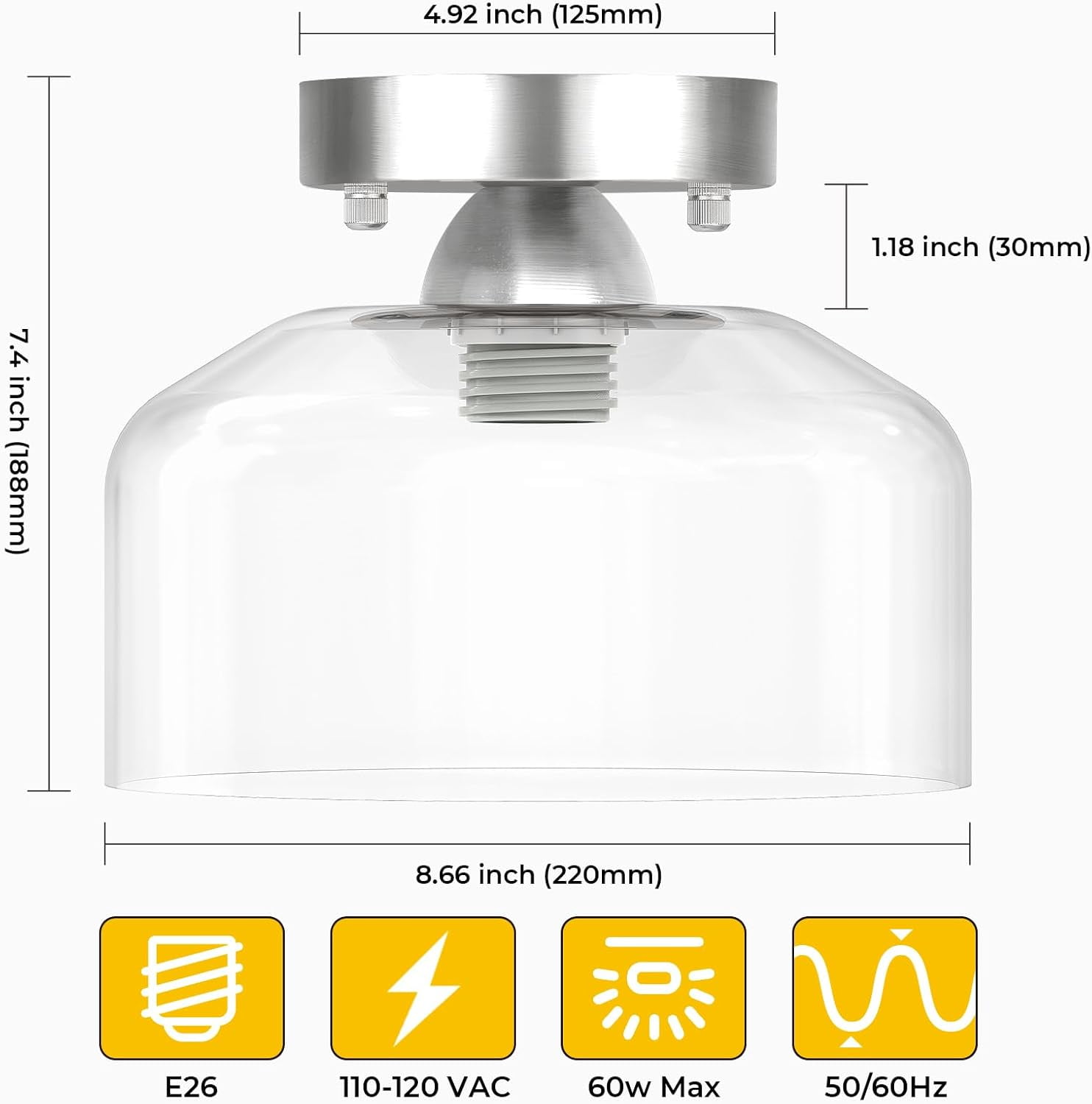 YUYAN-Semi Flush Mount Ceiling Light Silver, Clear Glass Pendant Lamp ...