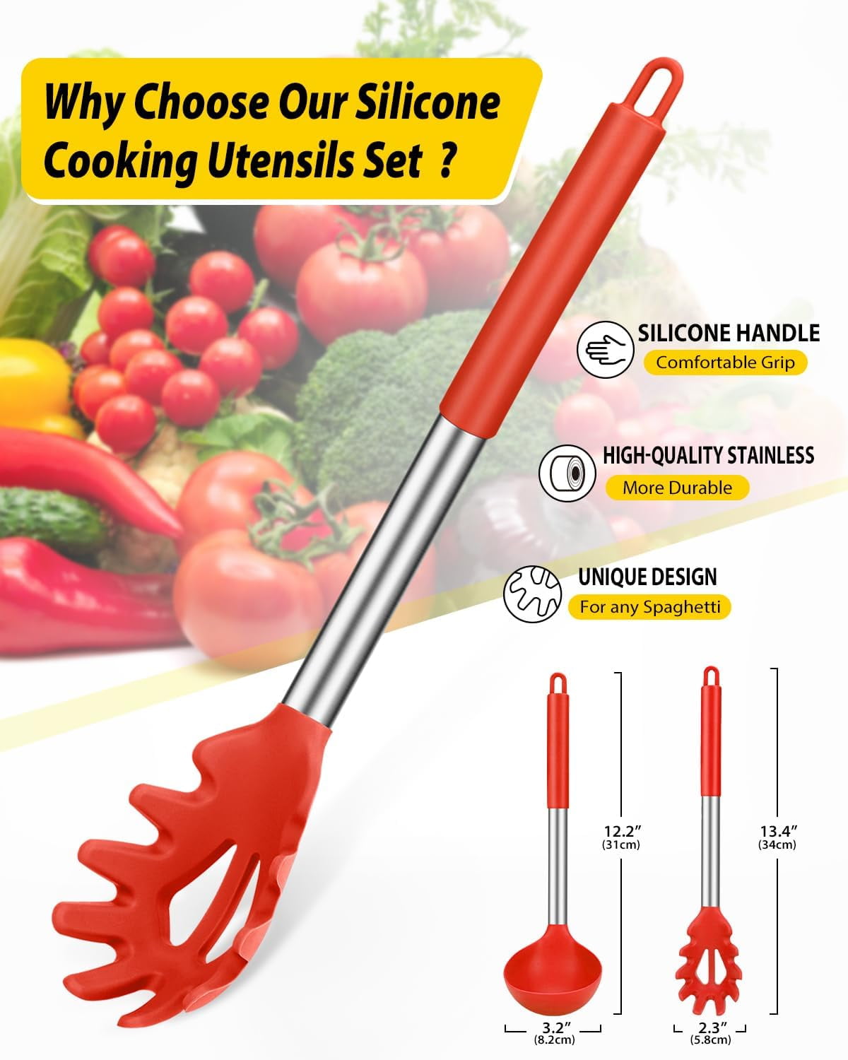 YUYAN-Silicone Pasta Fork and Ladle Spoon Set, Large Non Stick Kitchen ...