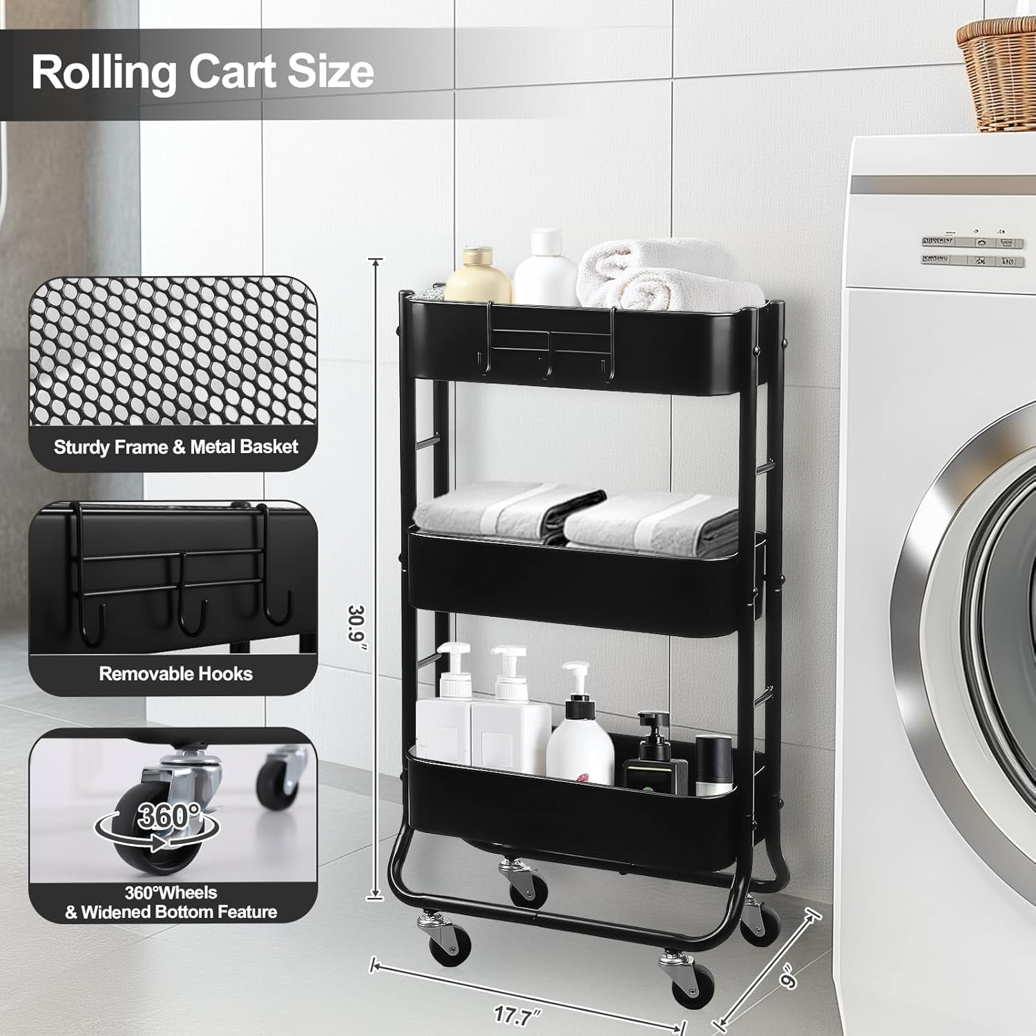 YUYAN-Slim 3-Tier Rolling Utility Cart, Narrow Metal Bathroom Storage ...