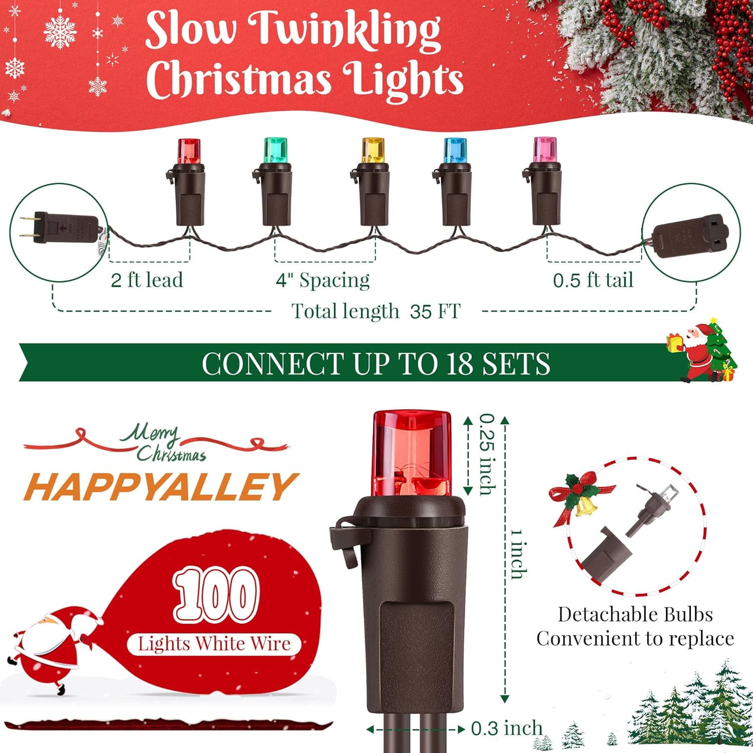 YUYAN-Slow Twinkling Christmas Light, 100 LED 35Ft Pulsing Twinkle ...