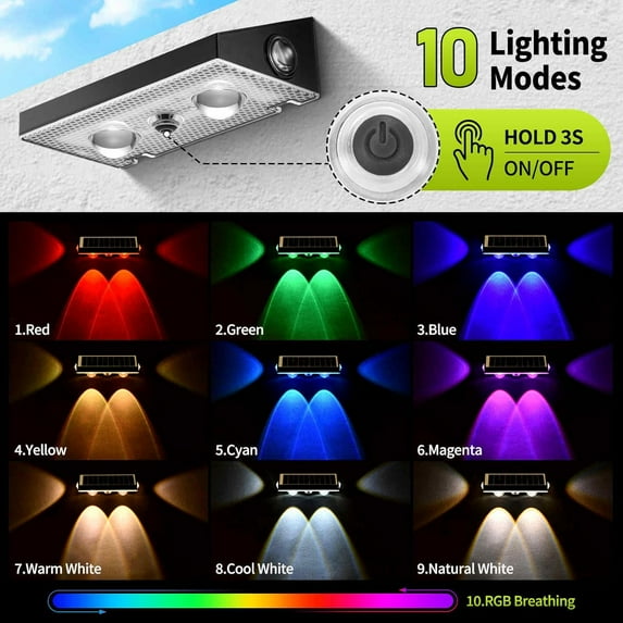 YUYAN-Solar Fence Lights 9 Fixed Colors 10 Modes Solar Lights Outdoor ...