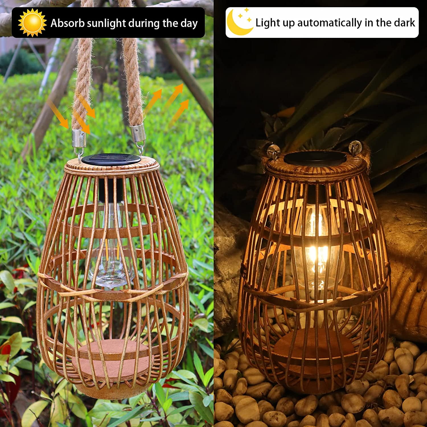YUYAN-Solar Lantern Outdoor Waterproof Large Rattan Lanterns Decorative ...