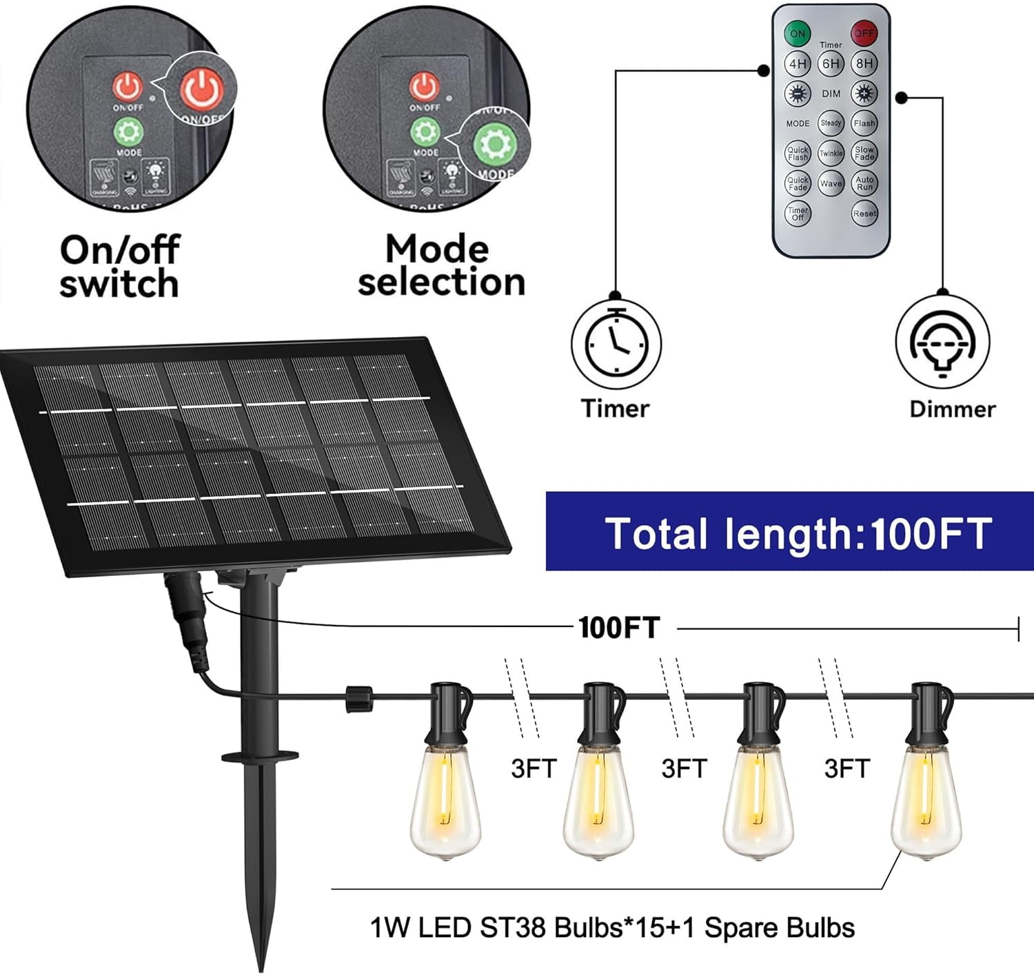 YUYAN-Solar Powered String Light 100FT with Remote Control 8 Light ...