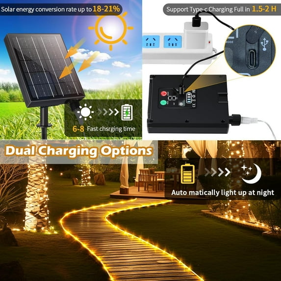 YUYAN-Solar Rope Lights 98FT Waterproof 300LEDs, Rechargeable Solar ...
