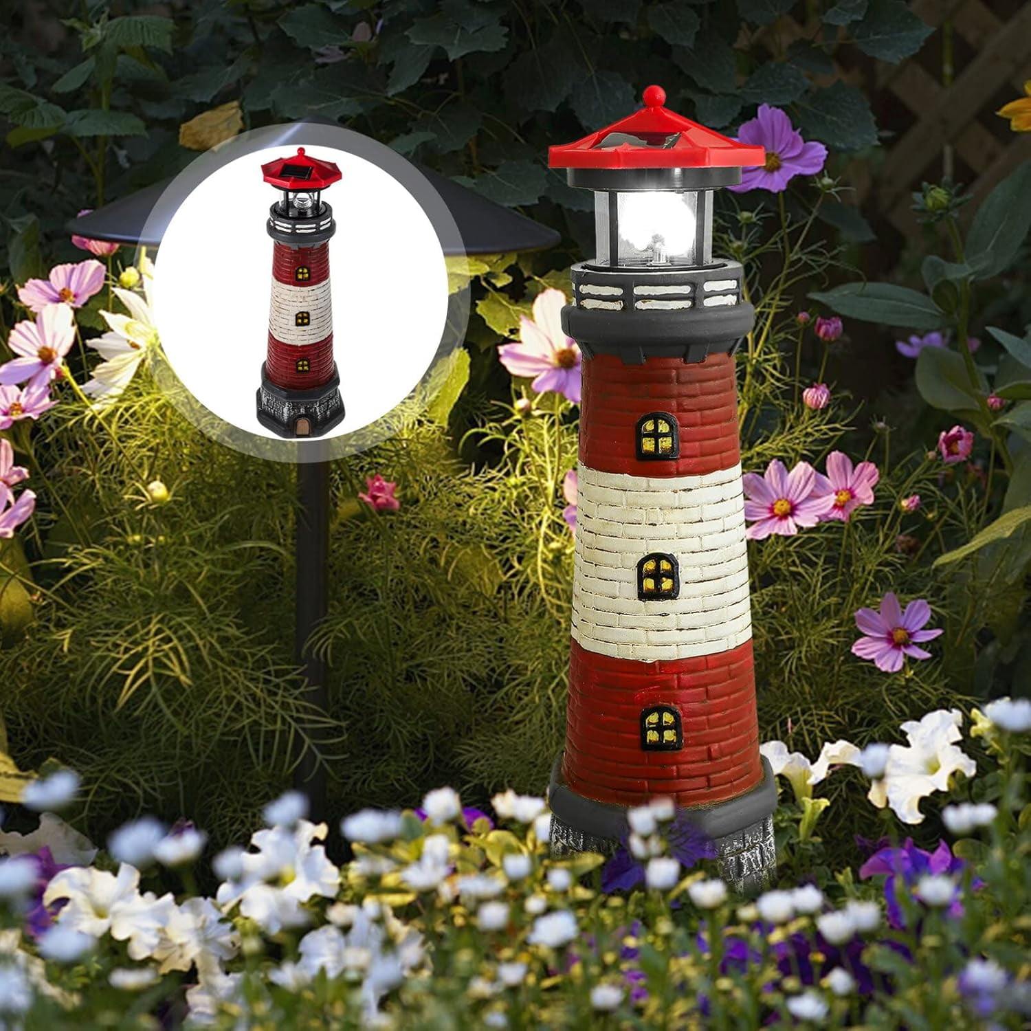 YUYAN-Solar Rotating Lighthouse Outdoor Lantern Garden Decor Resin ...