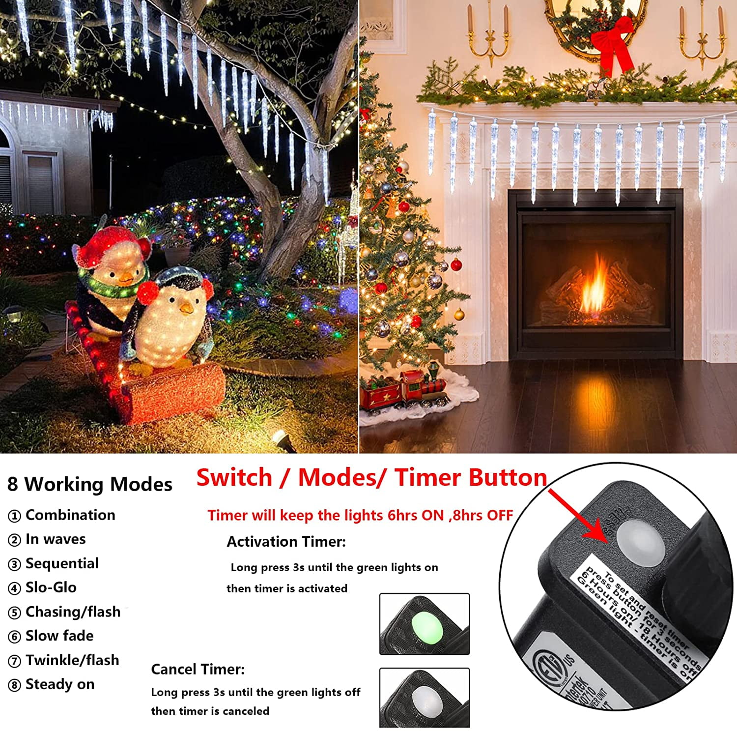 YUYAN-White Christmas 13FT 20 Tubes 90 LED Icicle Lights with Timer ...