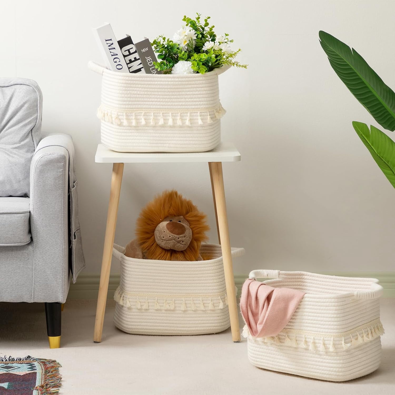 YUYAN-White Cotton Rope Baskets for Storage, Set of 3 Woven Clothes ...