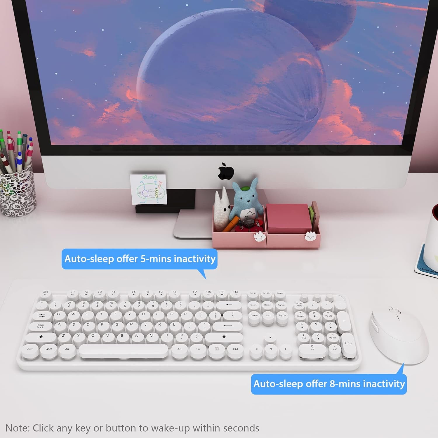 YUYAN-Wireless Keyboard Mouse Combo, 104 Keys Cute White Keyboard with ...