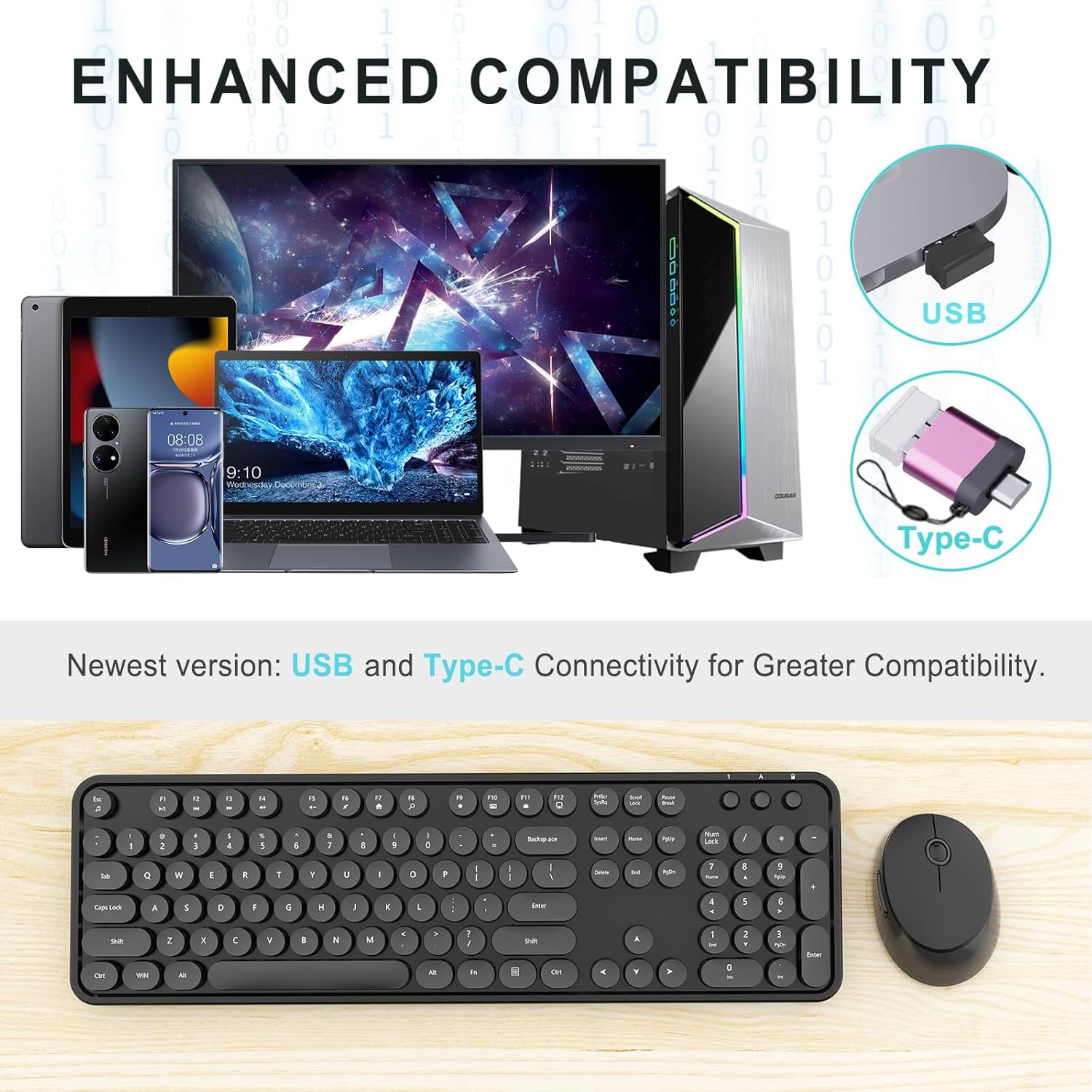 YUYAN-Wireless Keyboard and Mouse Combo, Ergonomic Full Size Typewriter ...