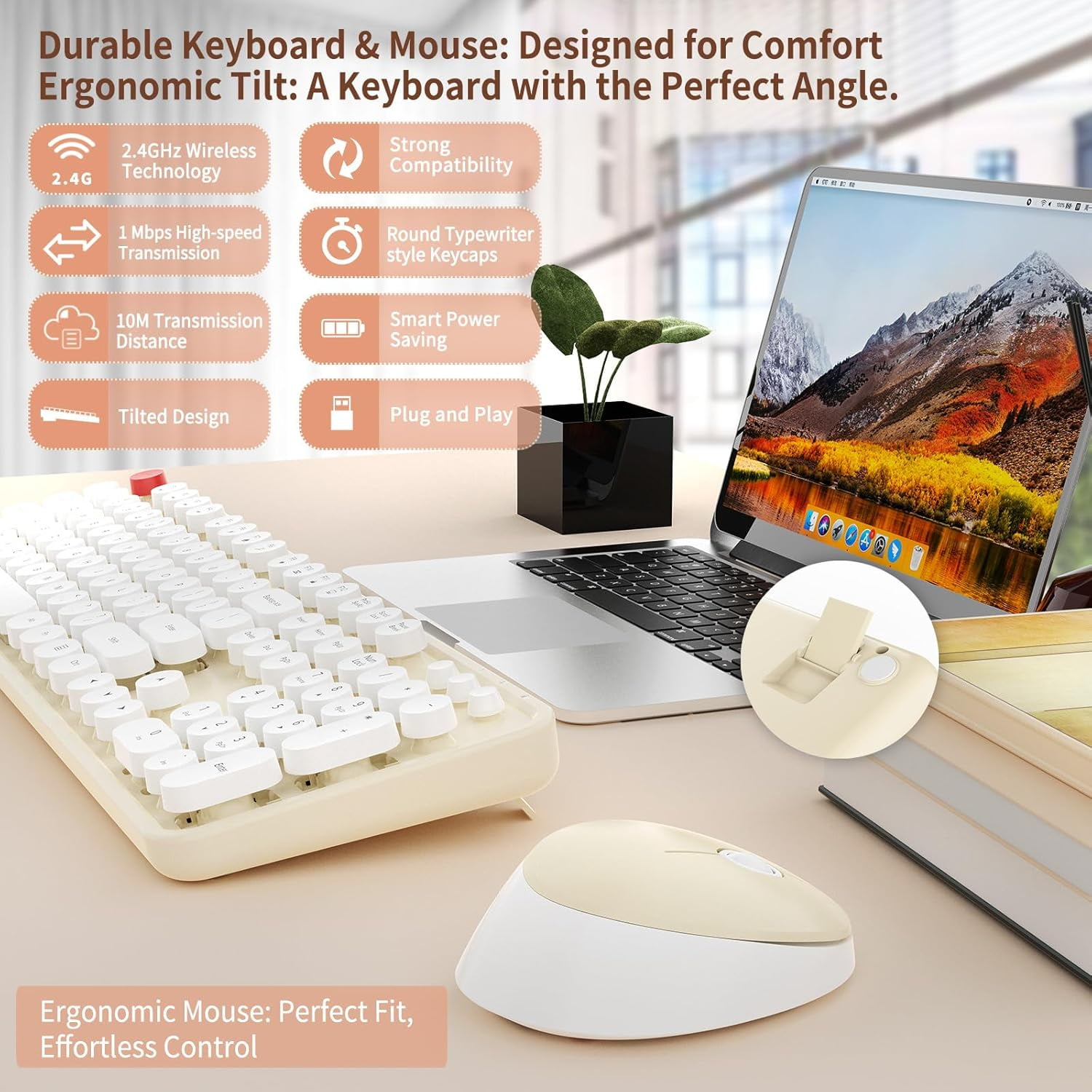 YUYAN-Wireless Keyboard and Mouse Combo, Full-Size Retro Typewriter ...