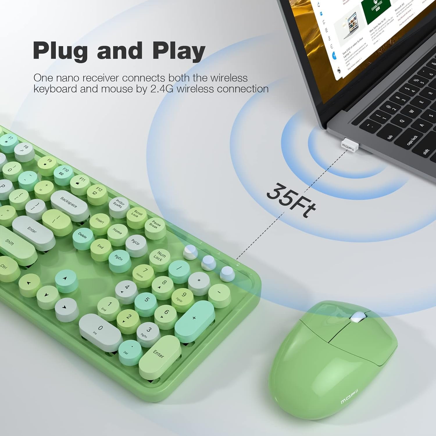 YUYAN-Wireless Keyboard and Mouse Combo, Retro Green 2.4GHz Full Size ...