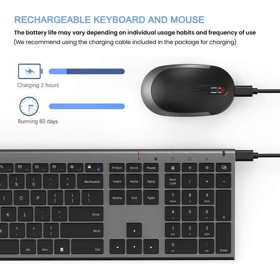 YUYAN-Wireless Keyboard and Mouse, Vssoplor Rechargeable Quiet Full ...