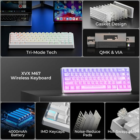 YUYAN-XVX M67 Wireless 60% Percent Keyboard, QMK/VIA Topographic Gaming Keyboard, Tri-Mode ...