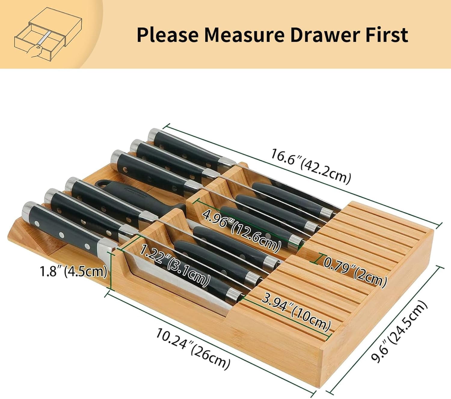 YUYAN-in-Drawer Knife Block Bamboo Kitchen Knife Drawer Organizer ...