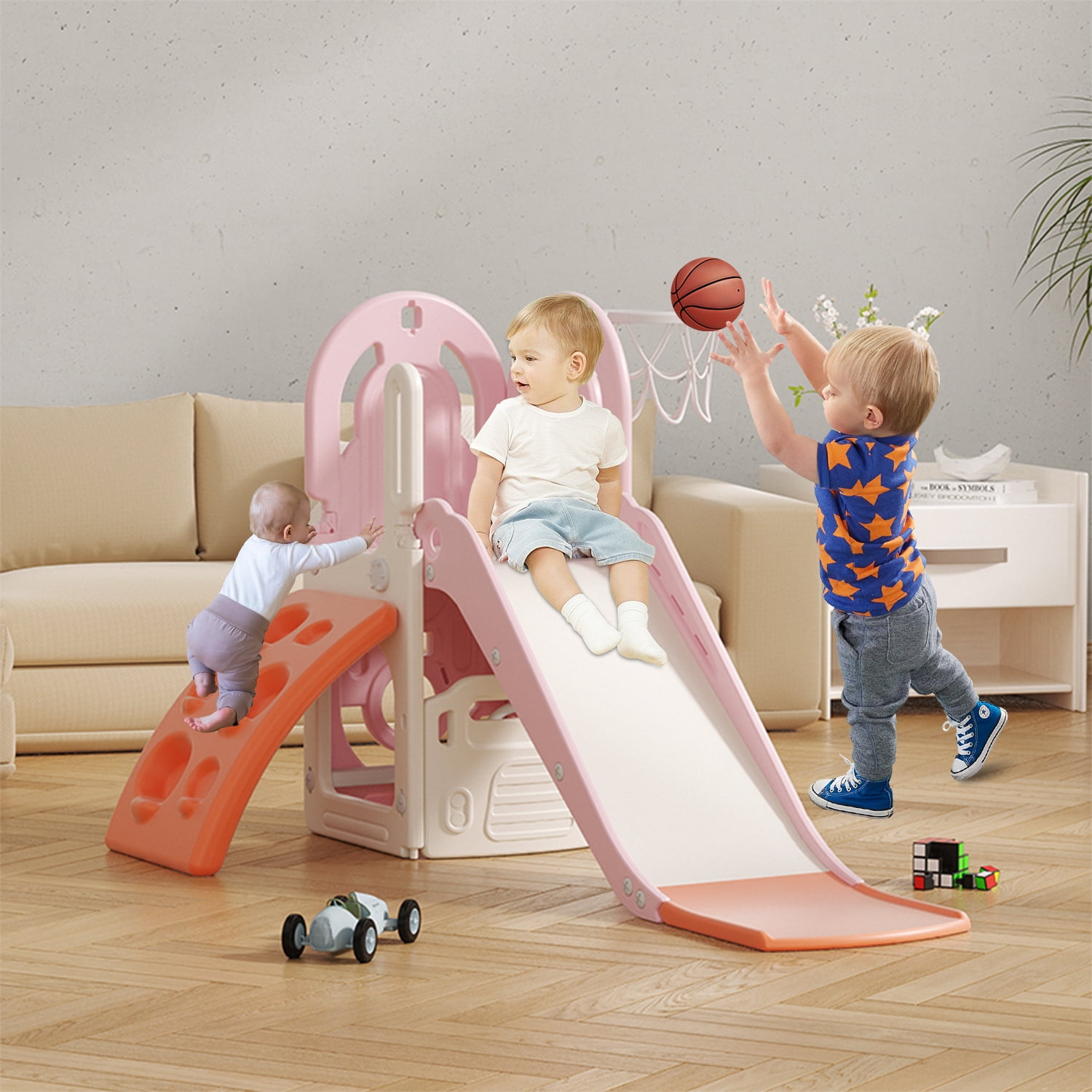 YUYU 4-in-1 Toddler Slide with Basketball Hoop, Indoor Outdoor ...