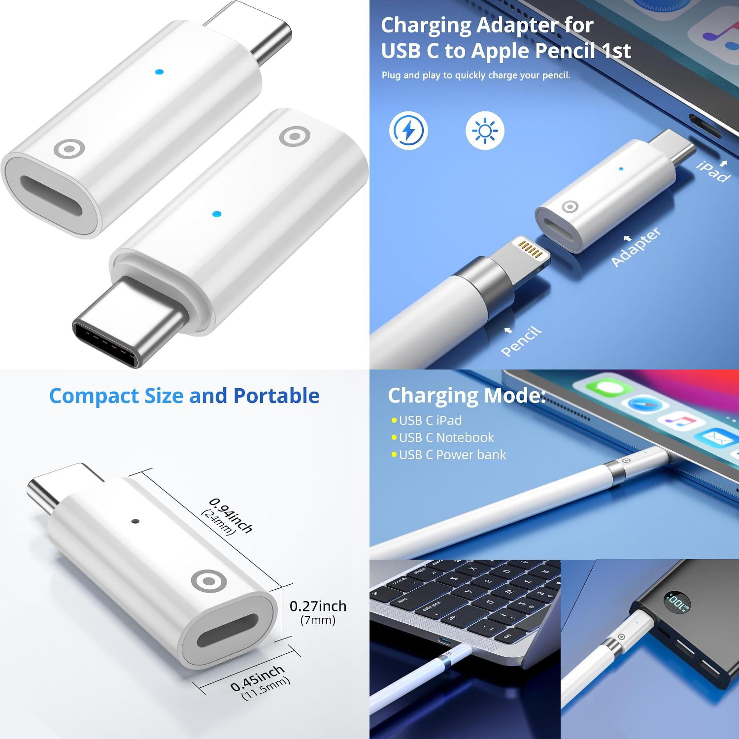 YUZEWANL 2 Pack of Compatible Charger Adapters for iPencil 1st Generation - Male USB-C Charging ...