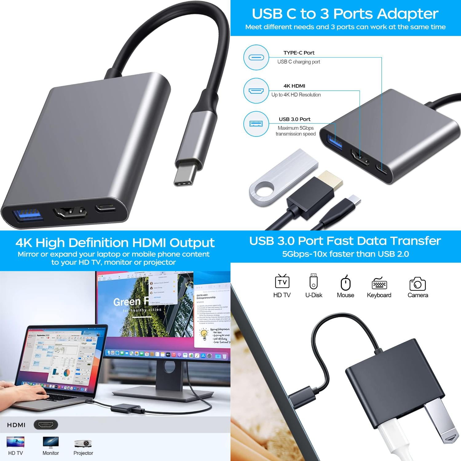 YUZEWANL 4K Digital AV Multi-Port Adapter with USB 3.0 & 87W Type C ...