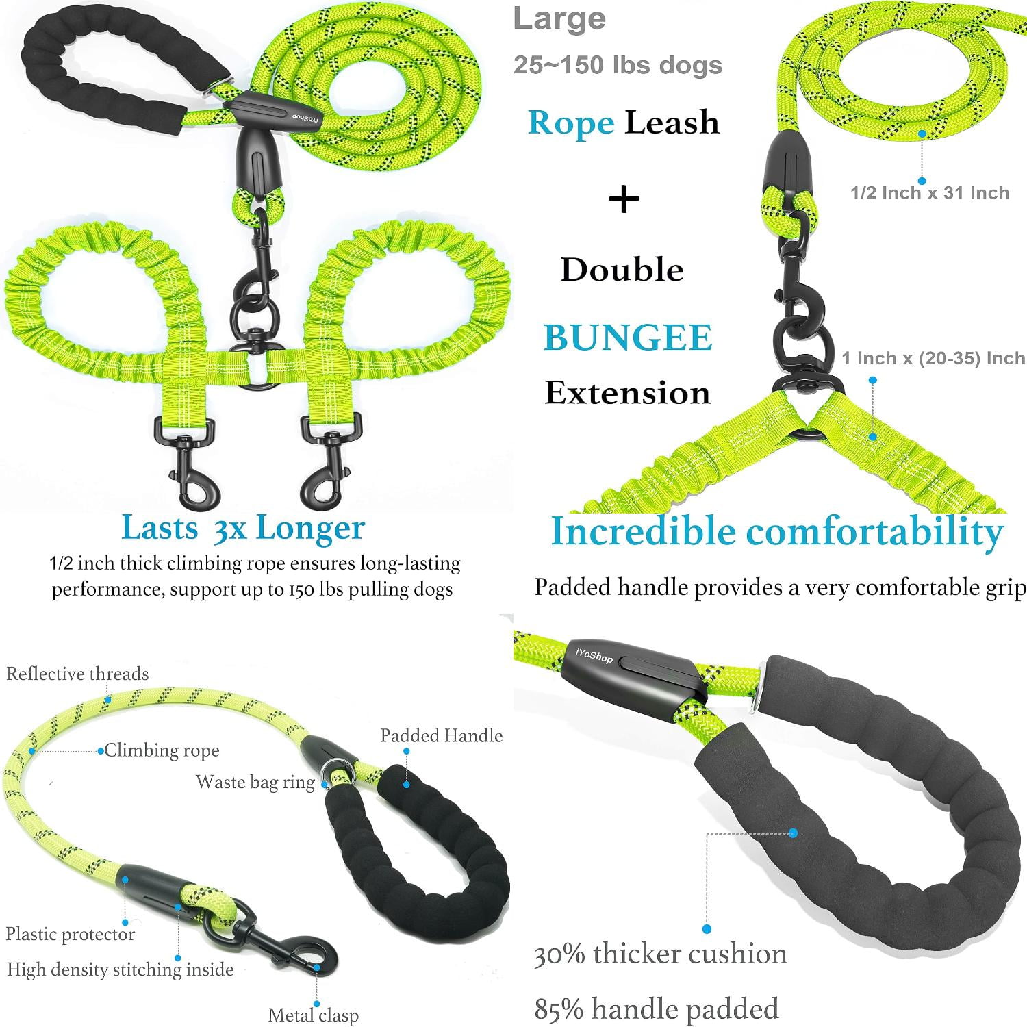 YUZEWANL No Tangle Dual Dog Leash with Shock Absorbing Bungee - Double ...