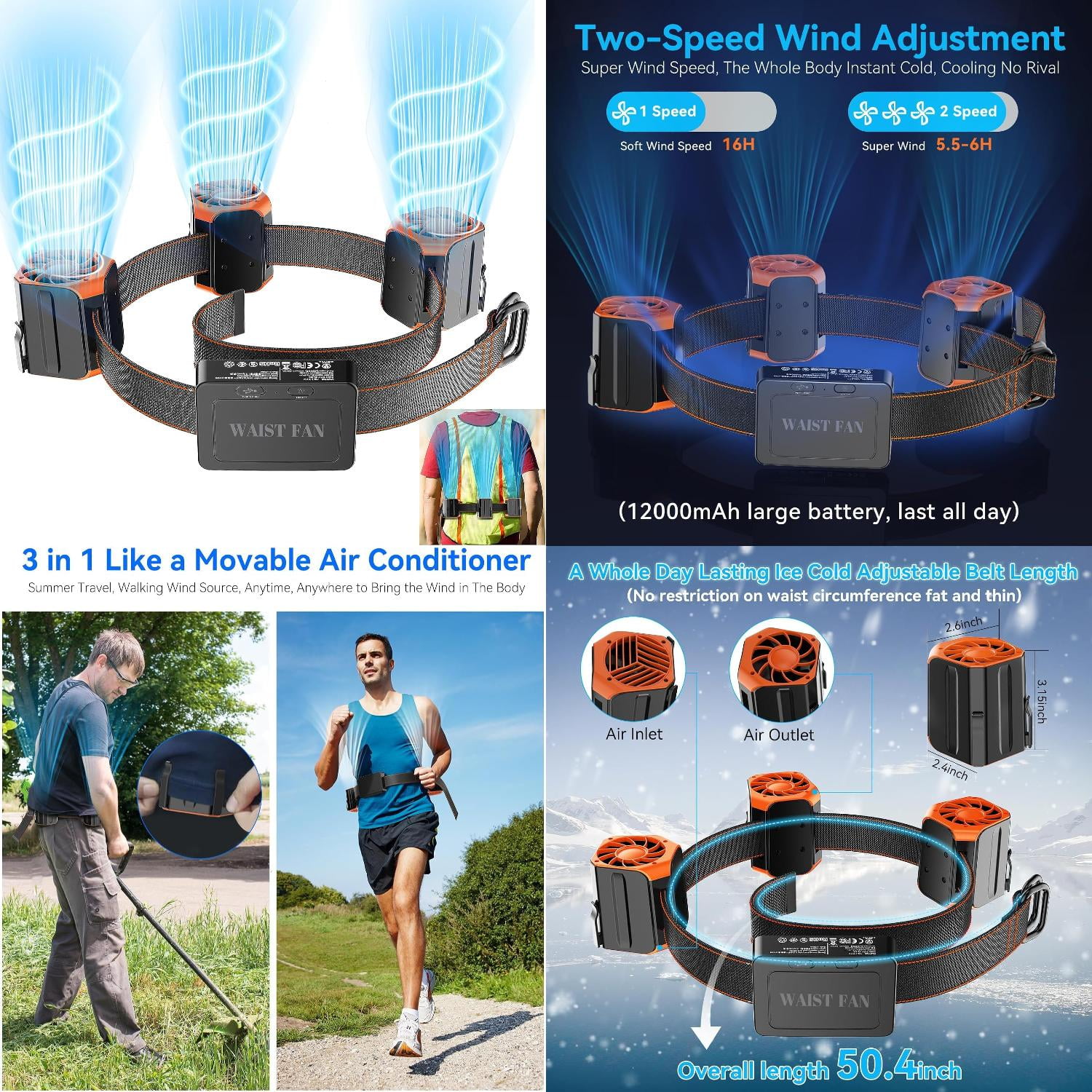 YUZEWANL Portable Convenient and Rechargeable Mini Waist Clip Fan with ...