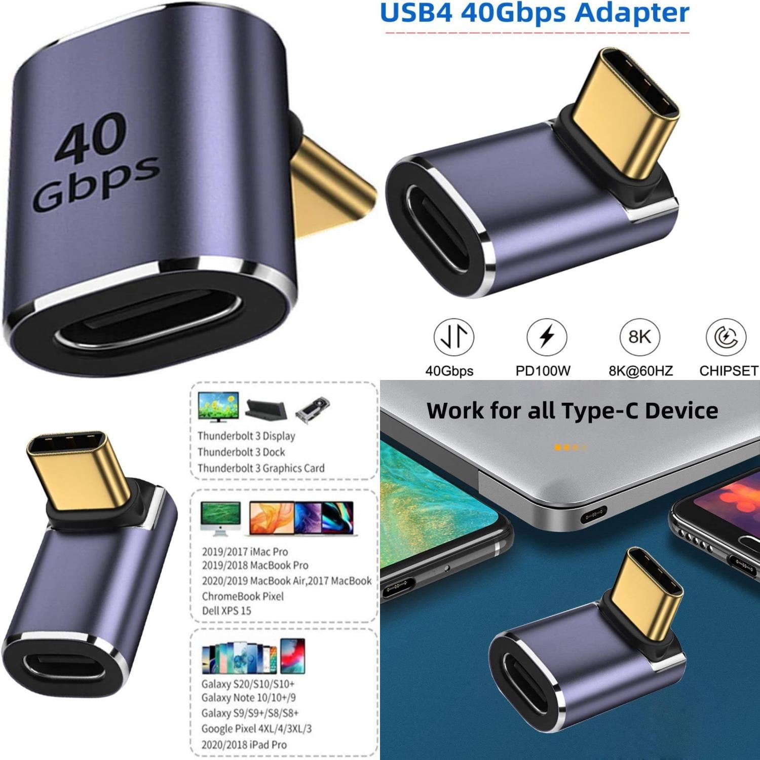 YUZEWANL Sleek Male to Female USB4 Type C Adapter with 90 Degree Left and Right Angles 100W ...