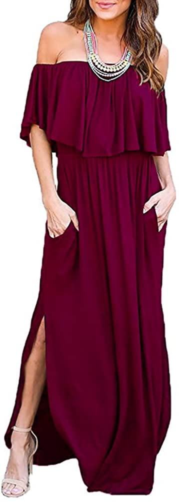 YVH Womens Off The Shoulder Ruffle Party Dresses Side Split Beach Maxi ...