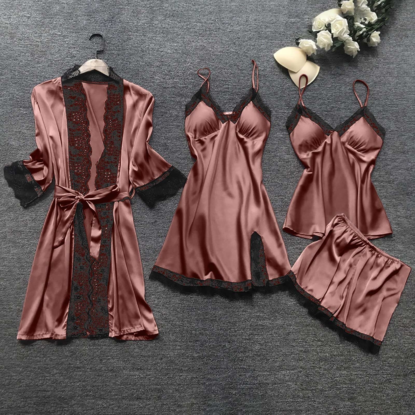 YWDJ Cute Pajamas for Women Pant Set Silk Lace Robe Dress Sleepwear ...