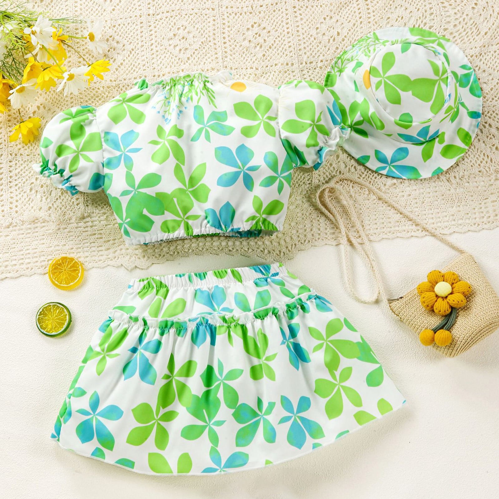 YWDJ Girls Summer Vacation Beach Set Strapless Bubble Short Sleeve Top ...