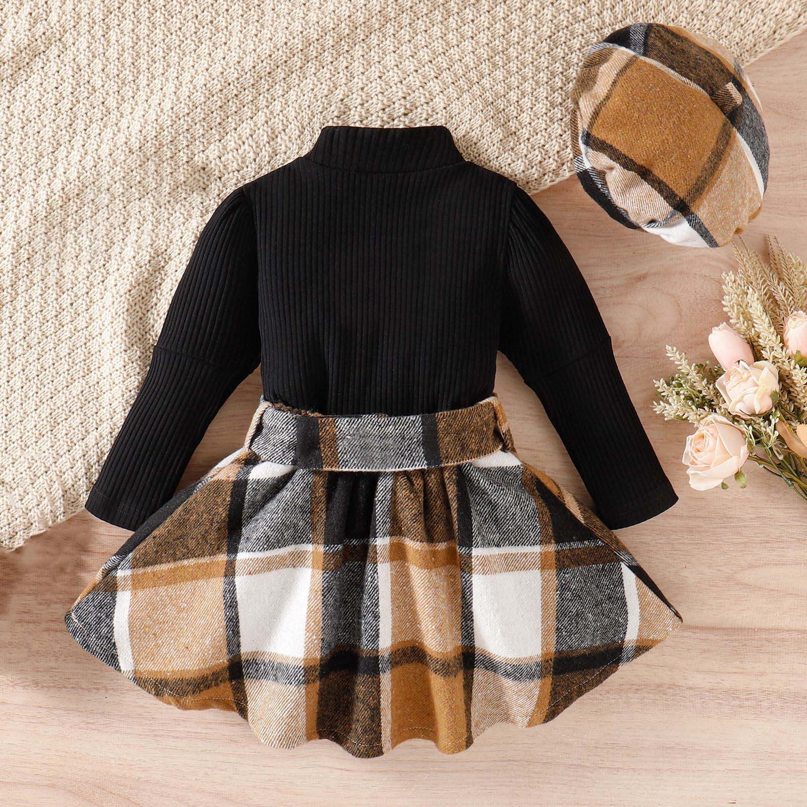 YWDJ Turtleneck Top Plaid Skirt Hat College Style Suit Two Piece Suitable For 9 Months ~ 4 Years ...