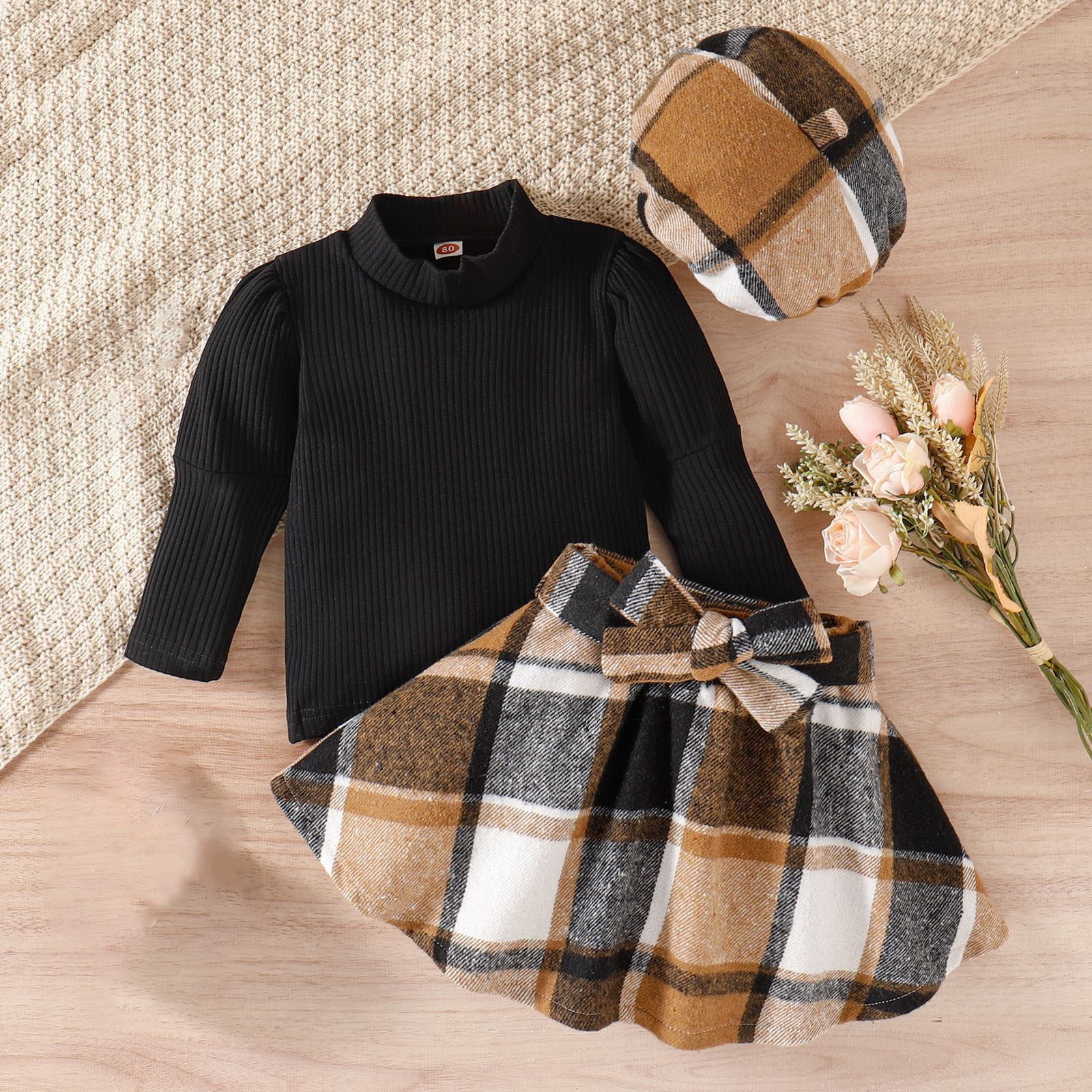 YWDJ Turtleneck Top Plaid Skirt Hat College Style Suit Two Piece ...