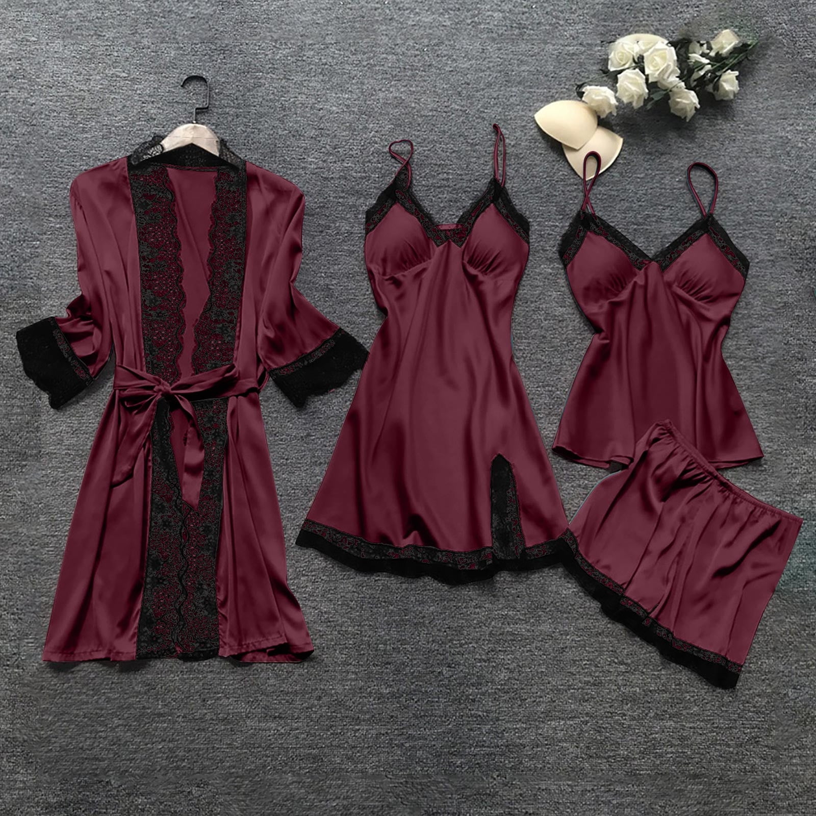 YWDJ Womens Sexy Silky Satin Silk Lace Robe Dress Sleepwear Nightdress ...