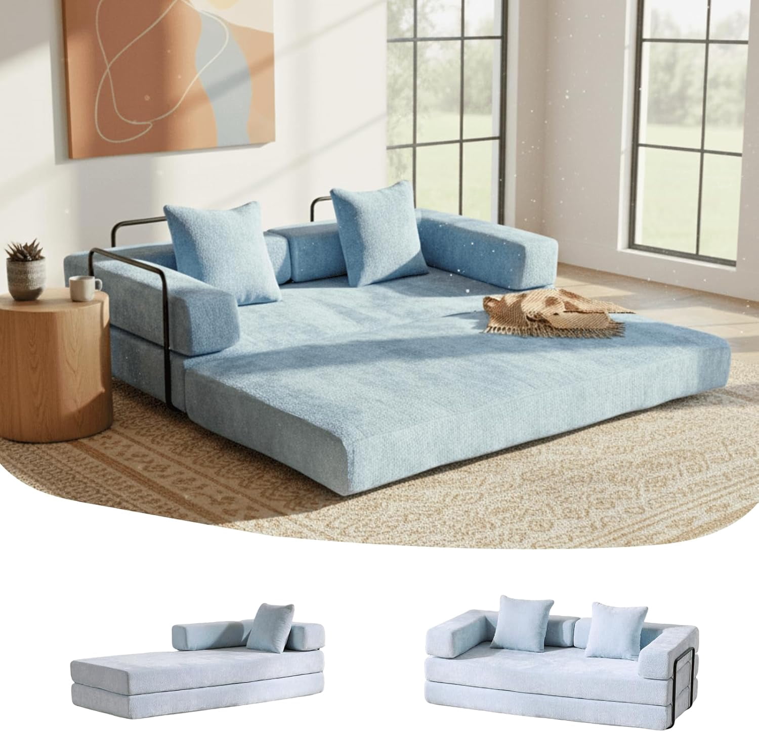 YWEN 4-in-1 Folding Convertible Sofa Bed, 77" Floor Couch with Pillow ...
