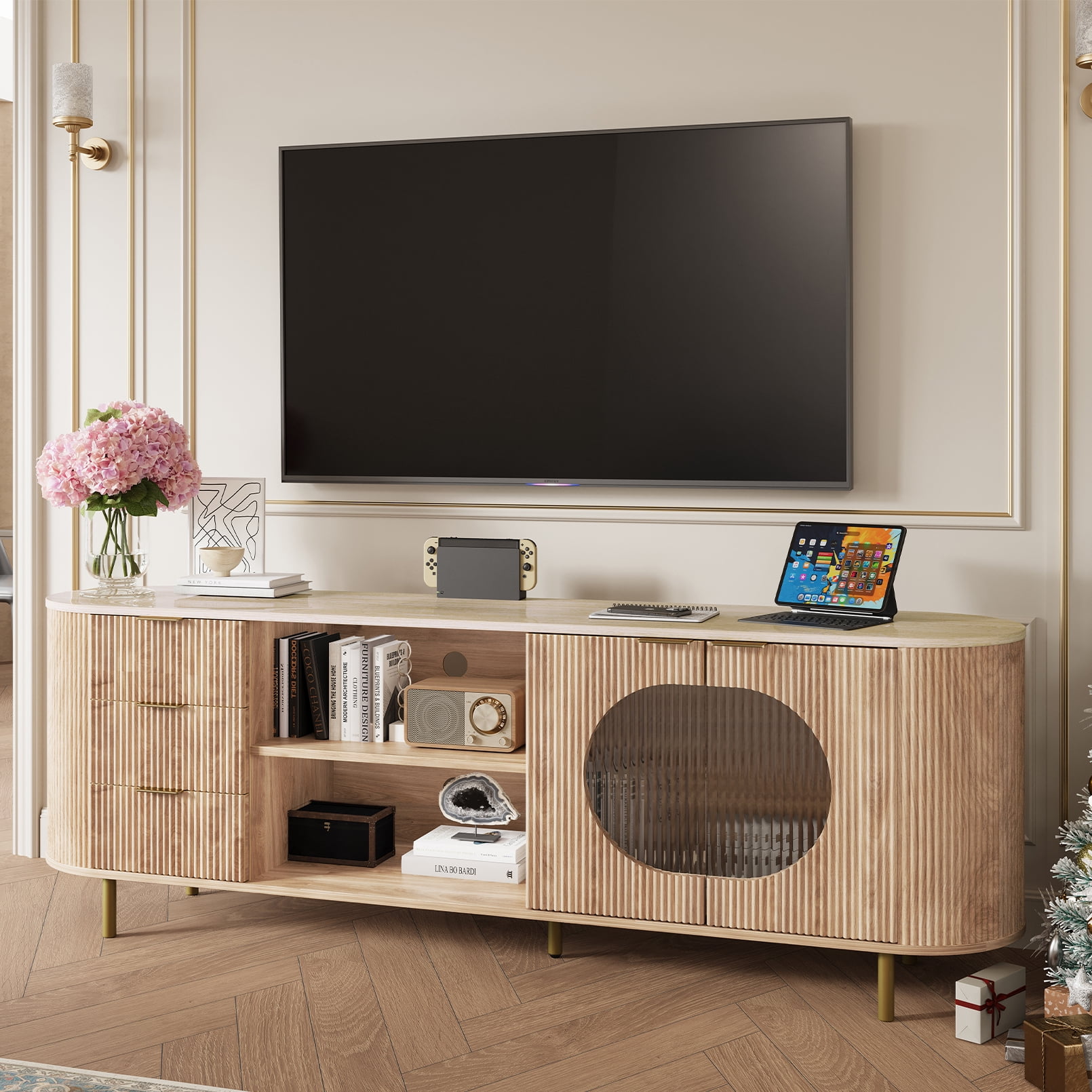 YWEN 69-inch Curved TV Stand with Wavy Acrylic Doors & Large Storage ...