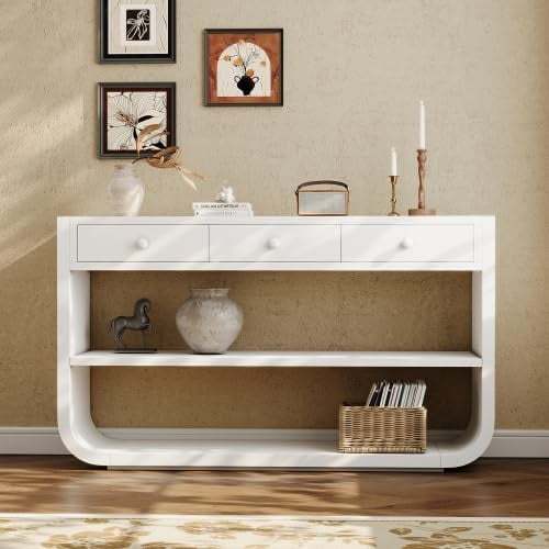 YWEN Modern Curved Console Table with 3 Drawers & 2 Open Shelves, Solid ...