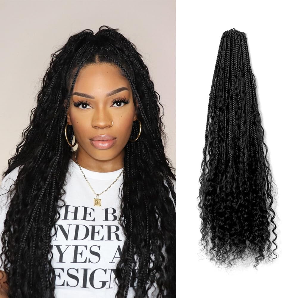 YWIGS Boho Box Braid Crochet Hair with Human Hair Curls Crochet Braids ...