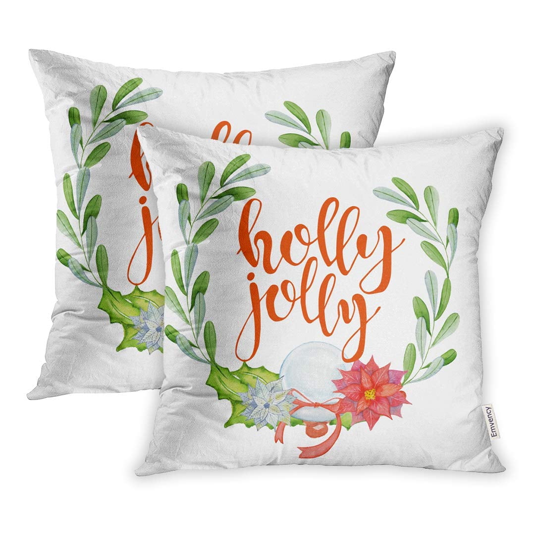 YWOTA Merry Christmas Watercolor Floral Winter Happy New Year Lettering Quote Holly Pillow Cases ...