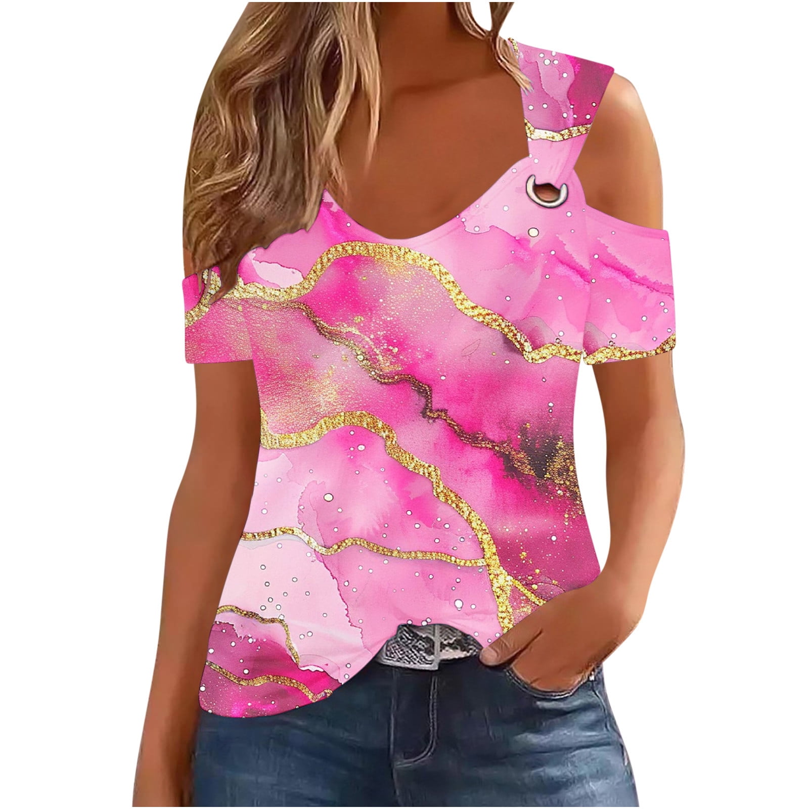 Yyapayzb 2024 Womens Tops Sexy Cold Shoulder Short Sleeve Tee Trendy V Neck Tops Casual Classic