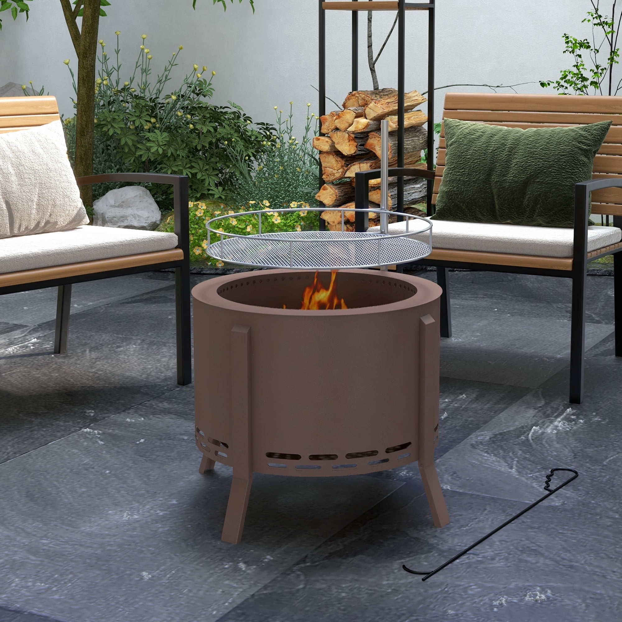 YYAo 2-in-1 Smokeless Fire Pit, BBQ Grill, 19" Portable Wood Burning ...