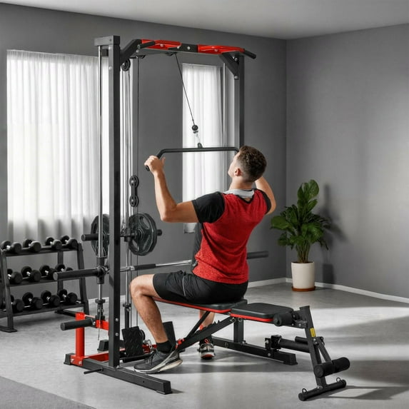 YYAo Barbell Bench Presses with Pull Up Bar, Lat Pull Down System and ...