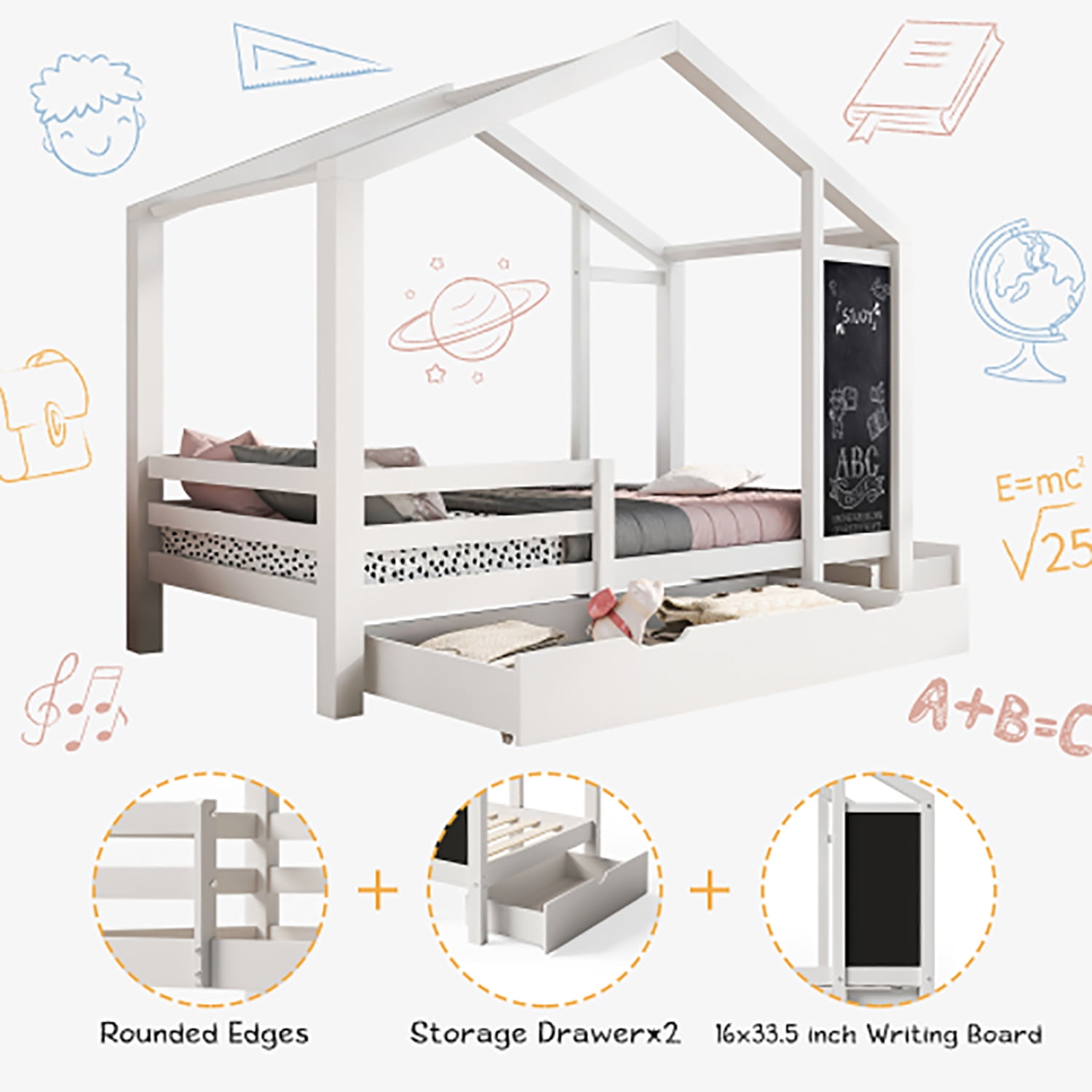YYAo Full House Bed Floor Bed Frame with Blackboard and Drawers,Two ...
