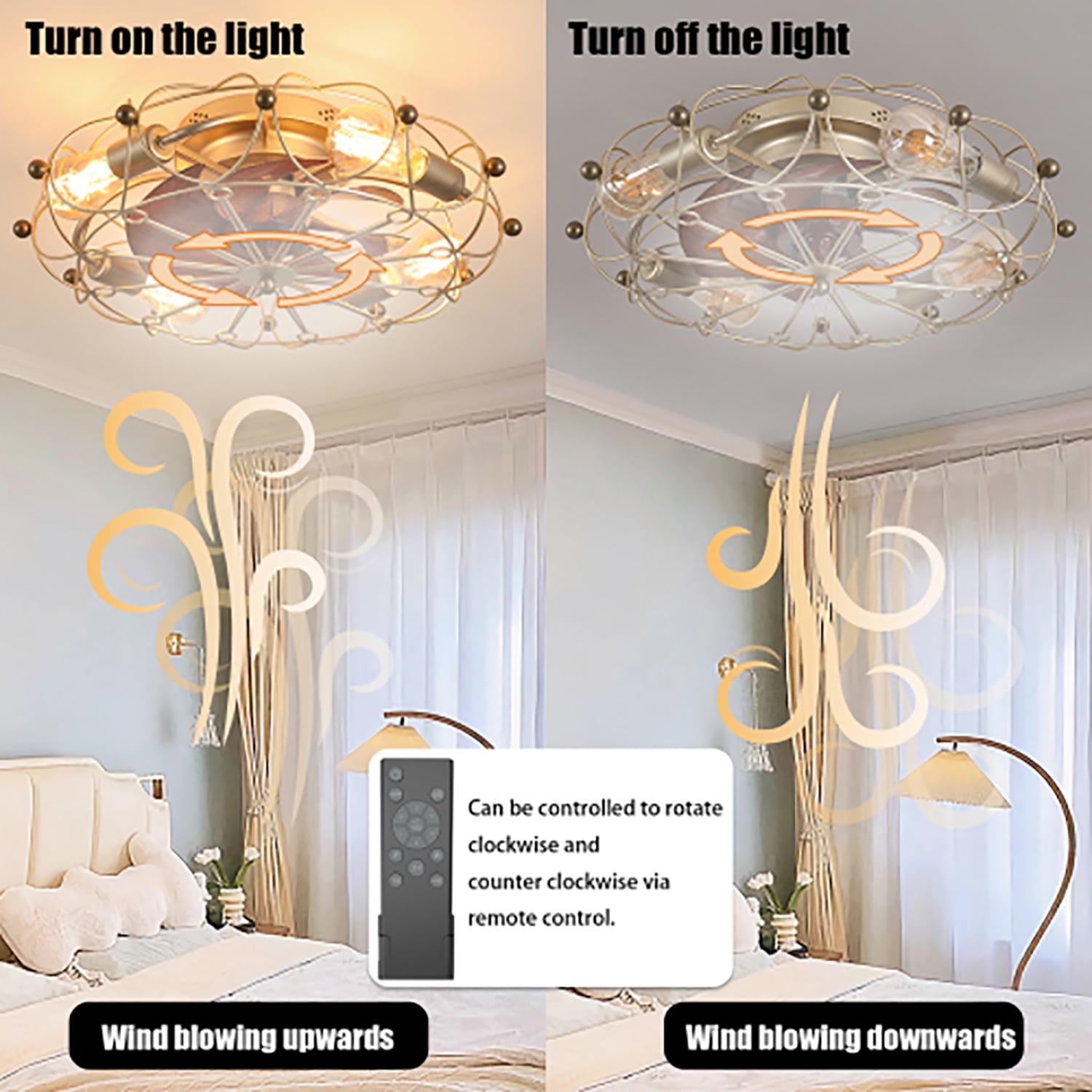 YYAo Low Profile Caged Ceiling Fan, Ceiling Chandeliers with Lights Remote Control, Embedded ...