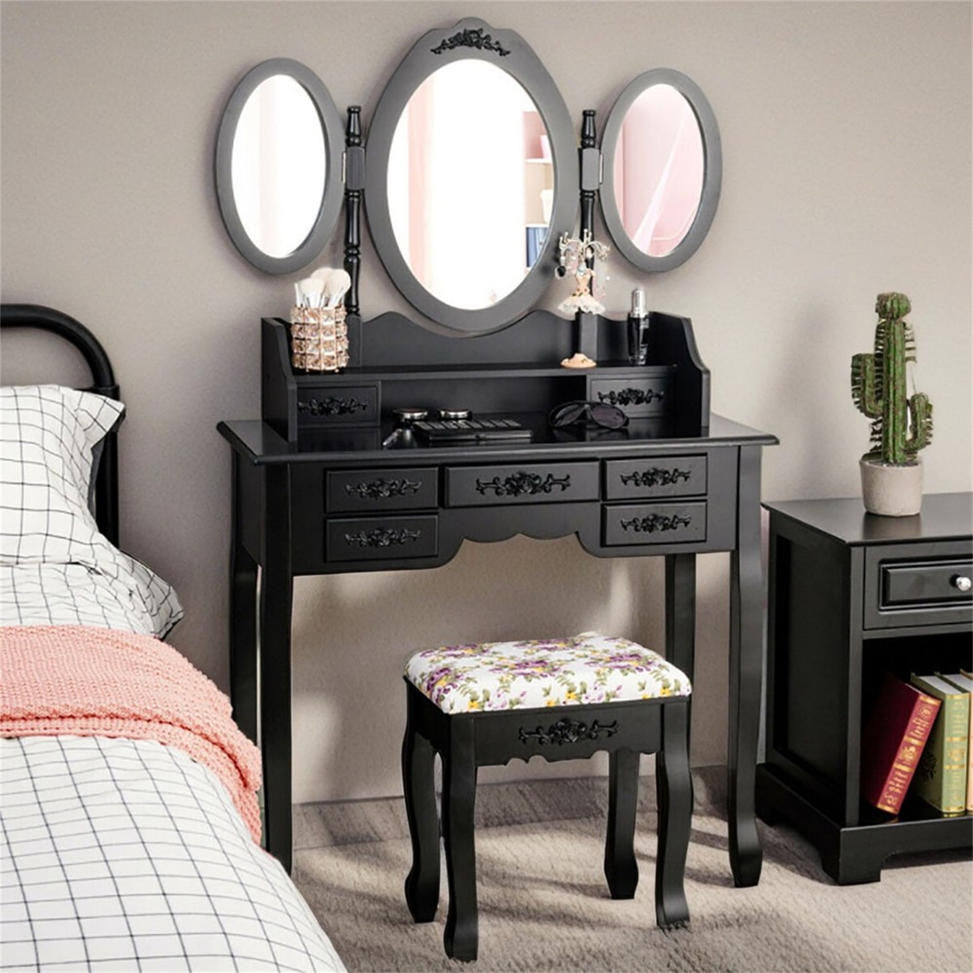 YYAo Makeup Dressing Table Modern Vanity Set, 7 Drawer Tri-Folding ...