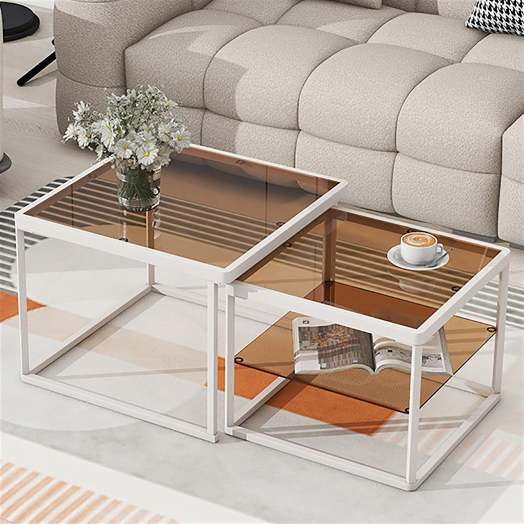 YYAo Modern Nested Coffee Table Set, Adjustable End Side Nesting Tables, Glass Cocktail Table ...