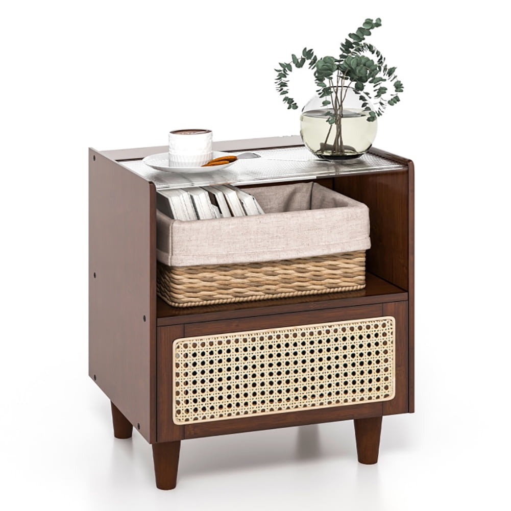 YYAo Nightstand with Rattan Drawers, Nightstand with Glass Top and ...
