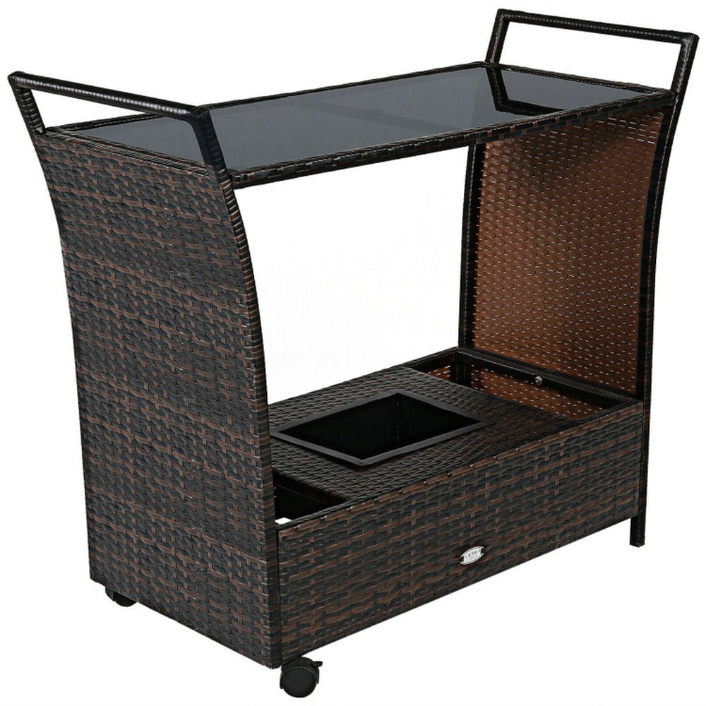 YYAo Patio Rattan Bar Serving Cart with Glass Top and Handle - Walmart.com